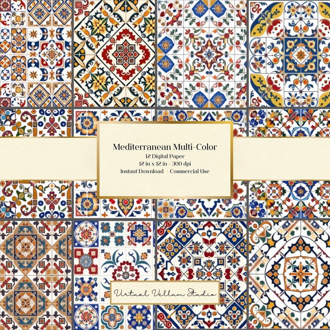 Mediterranean Tile Digital Paper, Multi Color, Vivid Printable Paper ...