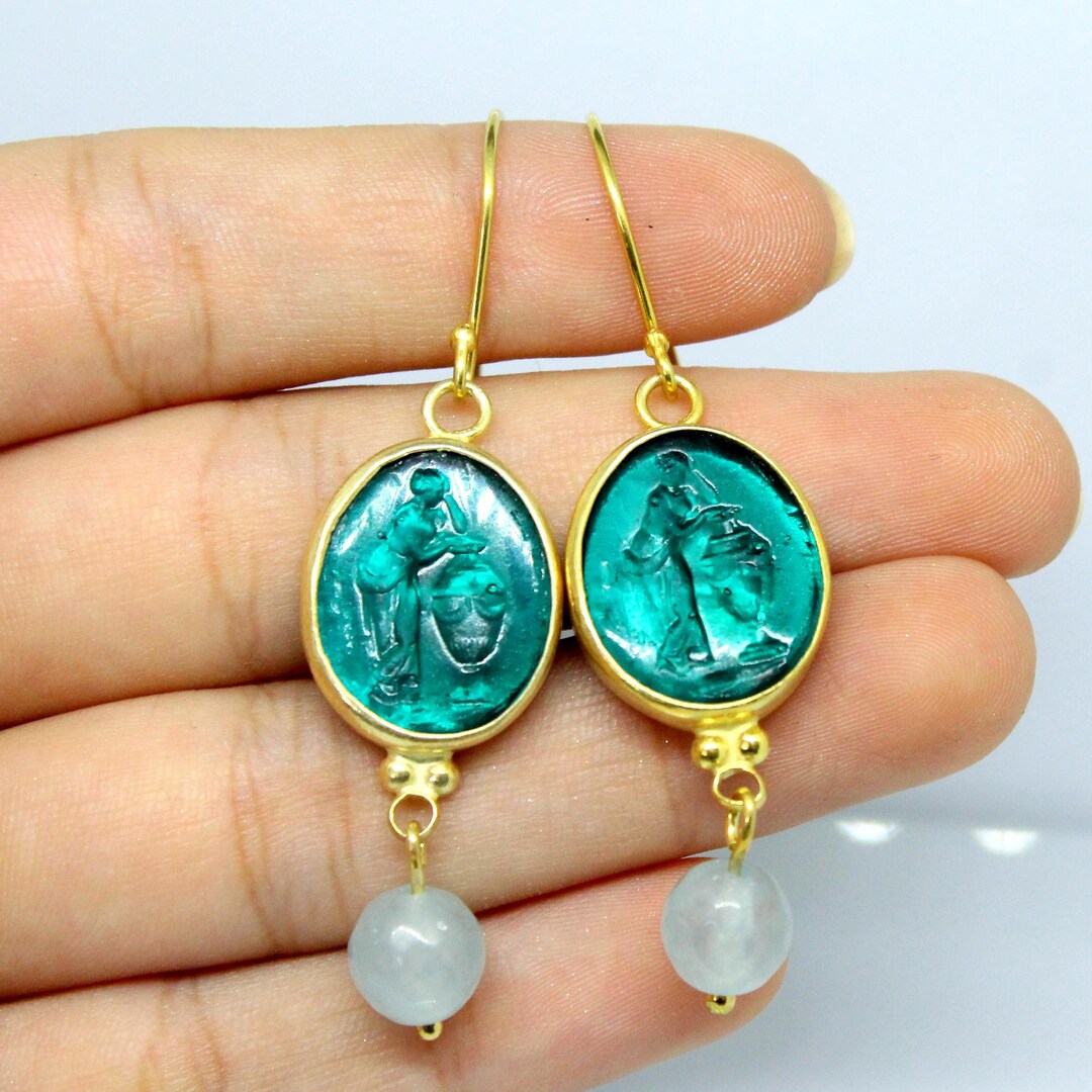 Enamel Intaglio Aphrodite Earrings Jelwelry With Aquamarine - Intaglio ...