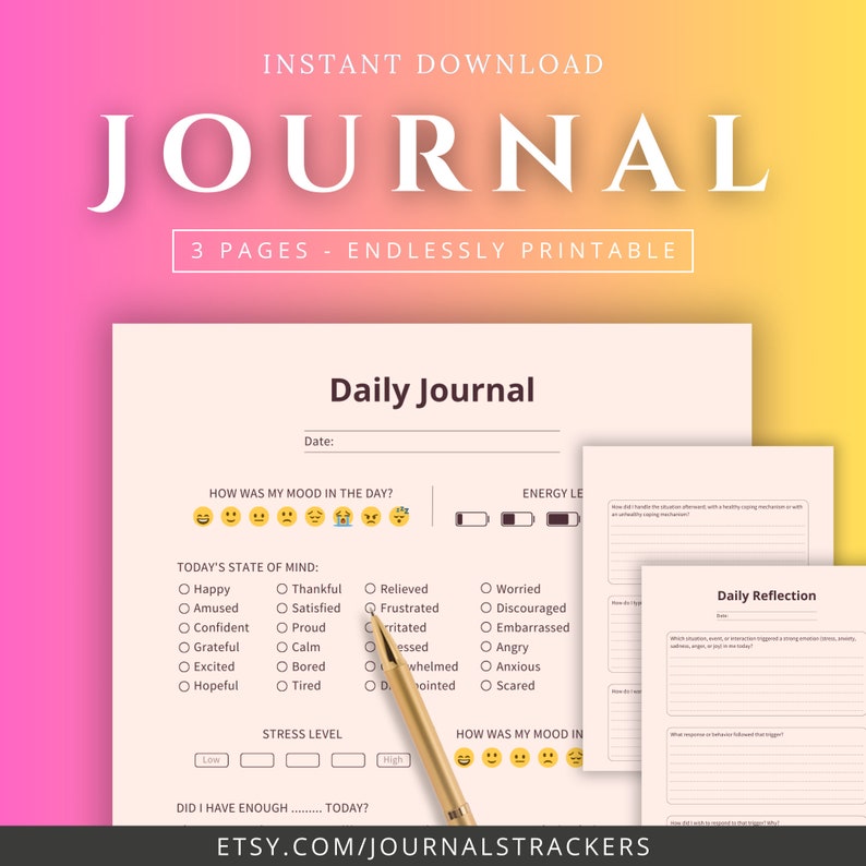 Daily Self Reflection and Mood Journal Pages in Pink A Printable Bundle ...