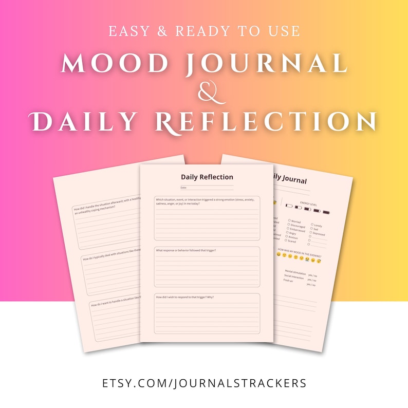 Daily Self Reflection and Mood Journal Pages in Pink A Printable Bundle ...