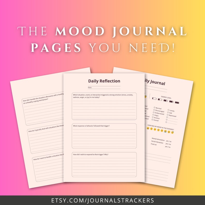 Daily Self Reflection and Mood Journal Pages in Pink A Printable Bundle ...