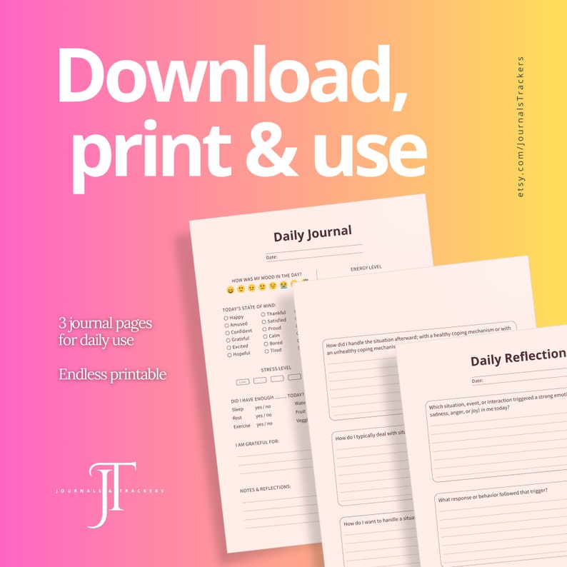 Daily Self Reflection and Mood Journal Pages in Pink A Printable Bundle ...