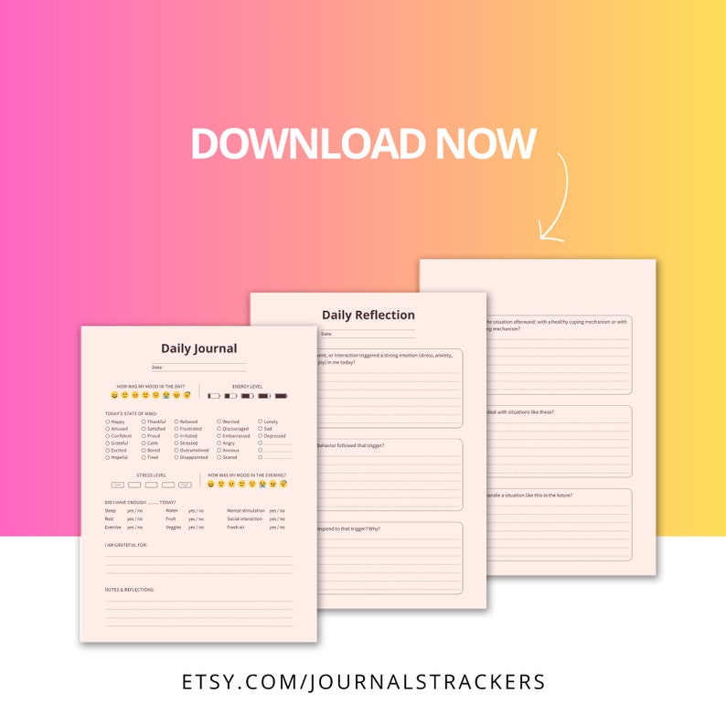 Daily Self Reflection and Mood Journal Pages in Pink A Printable Bundle ...