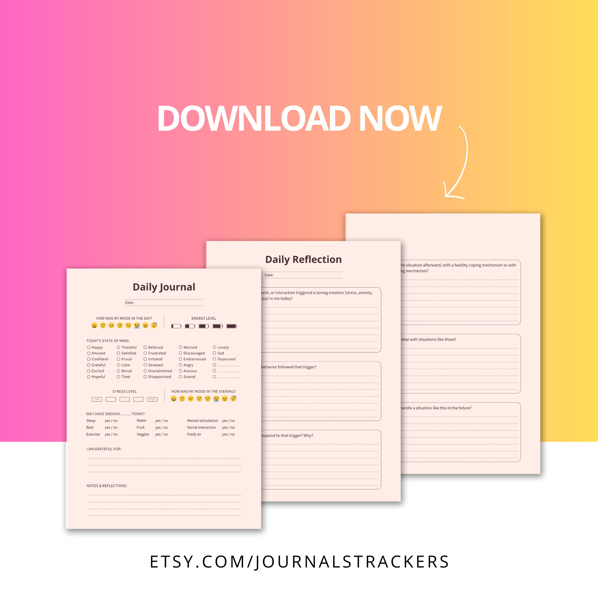 Daily Self Reflection and Mood Journal Pages in Pink A Printable Bundle ...