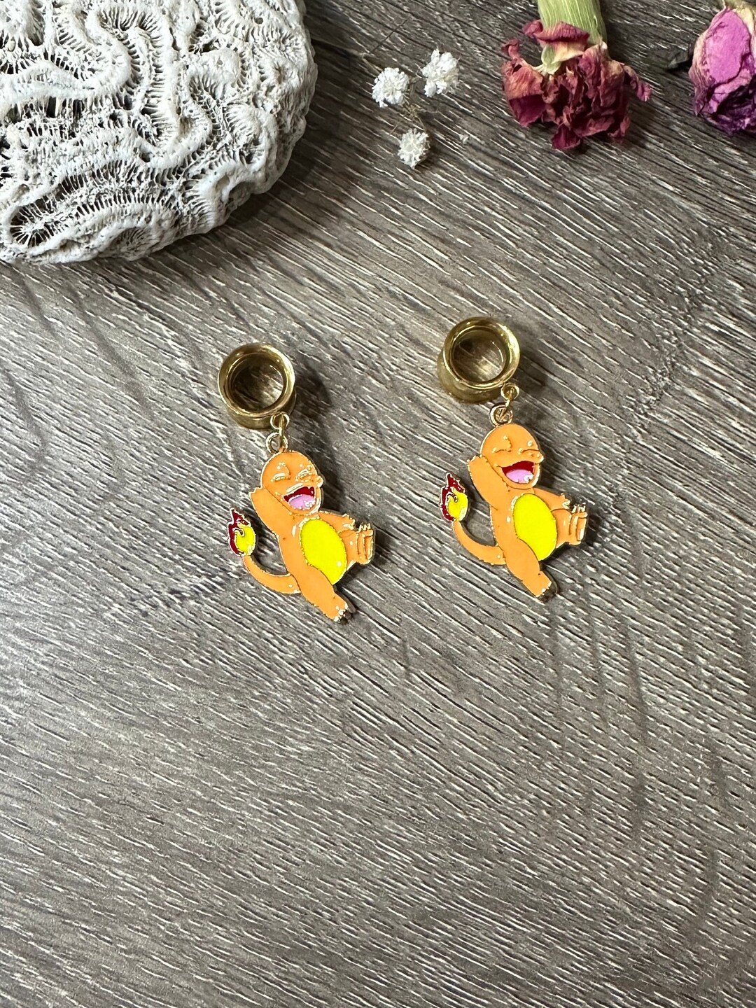 2g 6mm 1 25mm Silver or Gold Charmander Pokemon Dangle Earrings Gauges ...