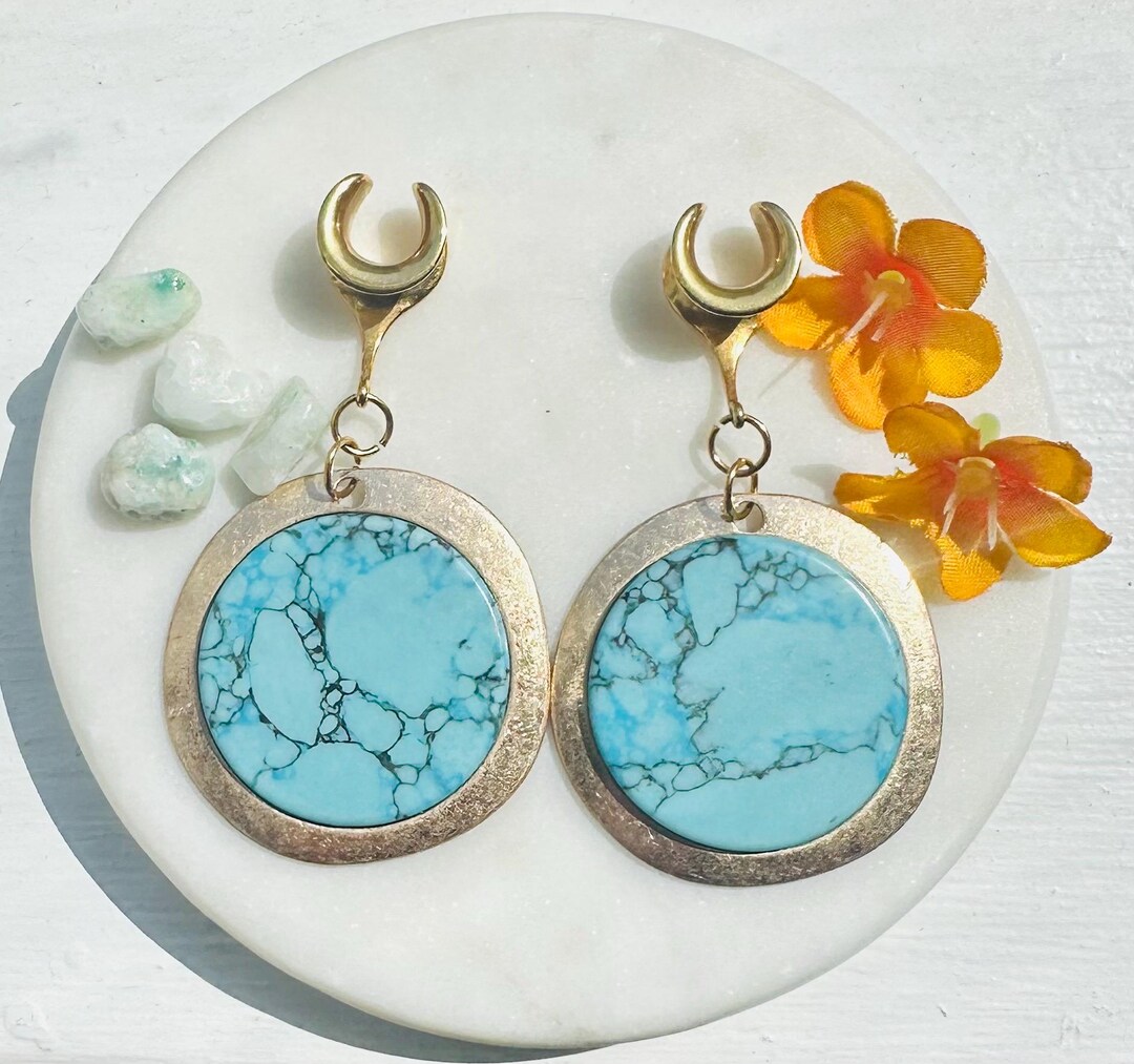 Dangle Gauges Plug Earrings Gold Round Vintage Turquoise Slice Tunnels ...