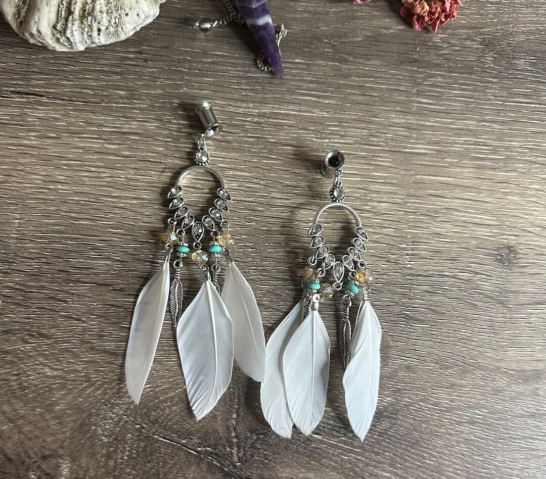 2g 6mm 1 25mm White Dream Catcher Black Feathers Dangle Plugs Gauges ...