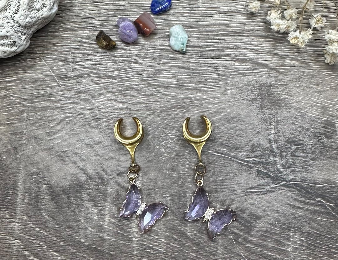 Dangle Gauges Plug Earrings Gold Amethyst Butterfly Crystal Gem Tunnels ...