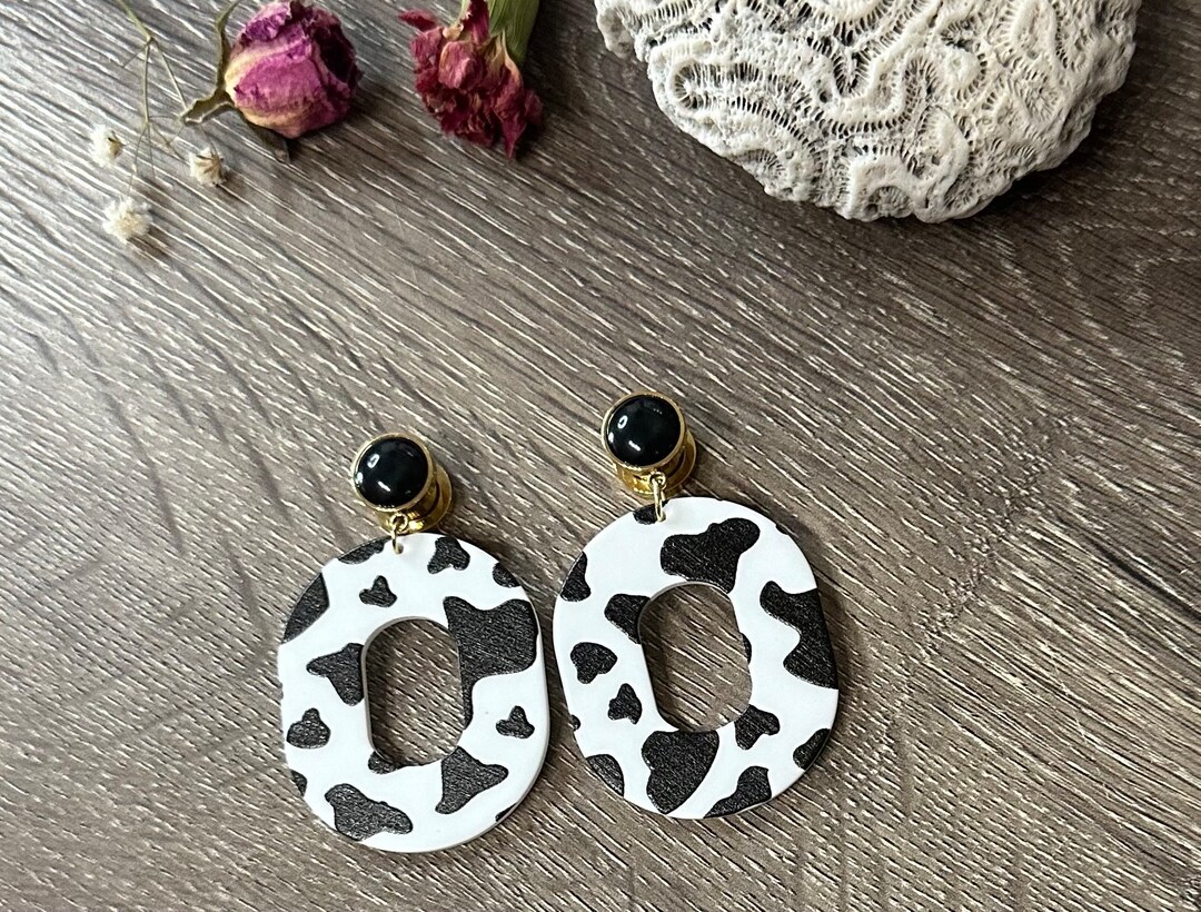 Dangle Gauges Plug Earrings Cow Print Polymer Clay Hoop Tunnels Hider ...