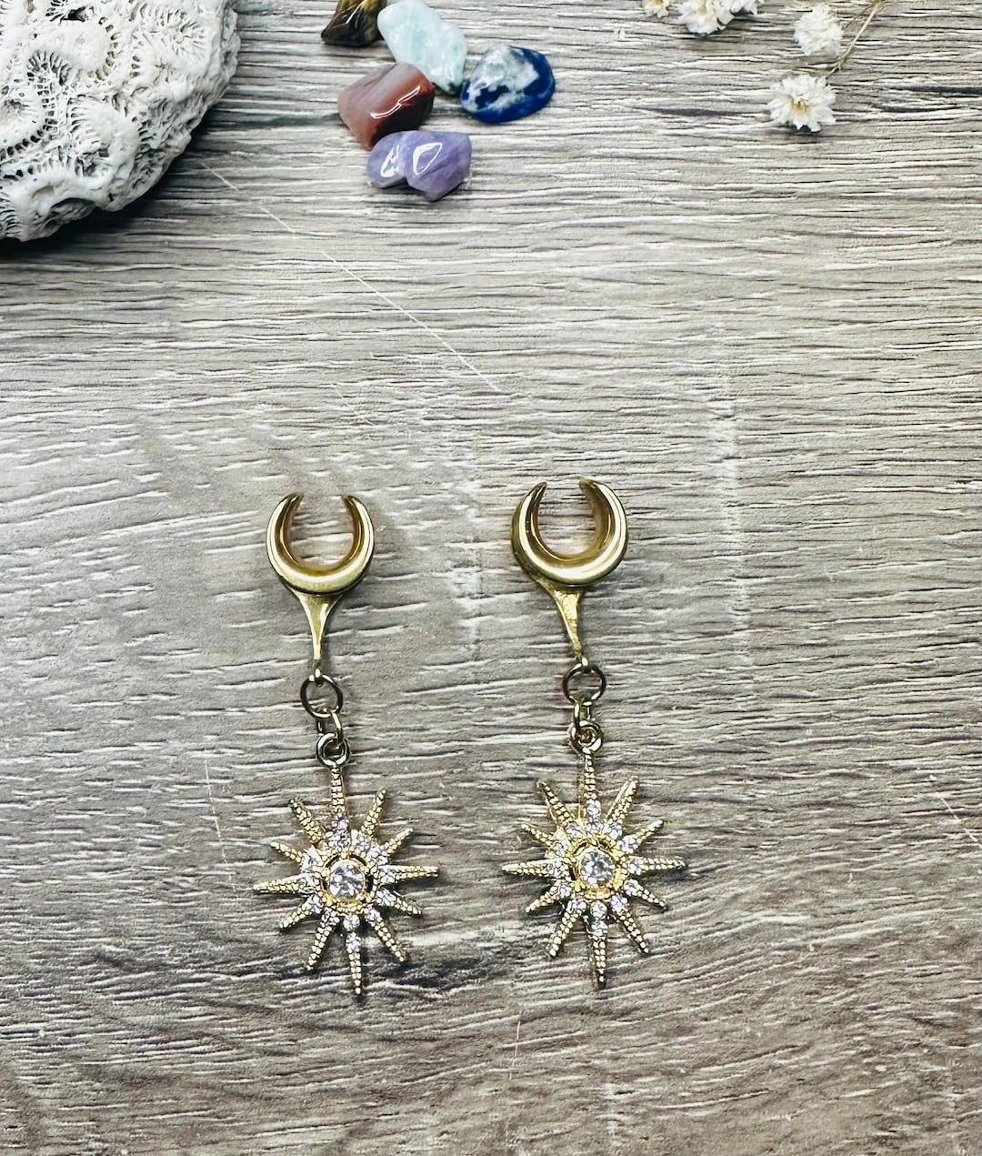 2g 6mm 1 25mm Gold Shooting Star Crystal Dangle Earrings Gauges Tunnels ...