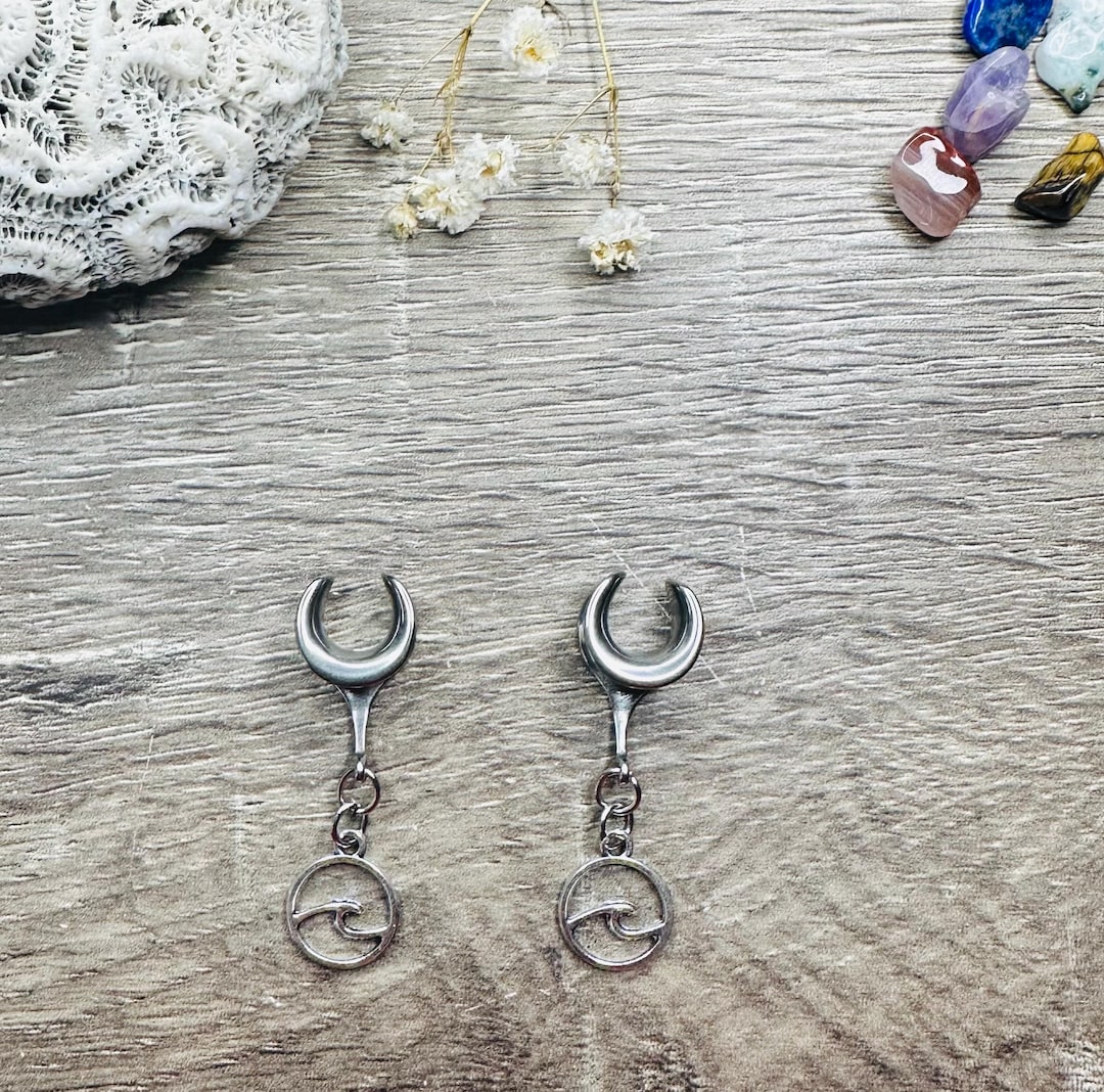 Dangle Gauges Plug Earrings Silver Mini Ocean Wave Tunnels Hider Plugs ...