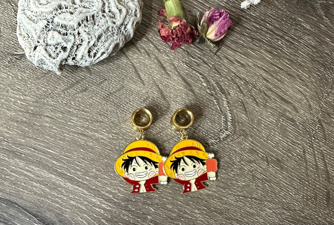 Dangle Gauges Plug Earrings Gold or Silver Anime Straw Hat Boy Tunnels ...