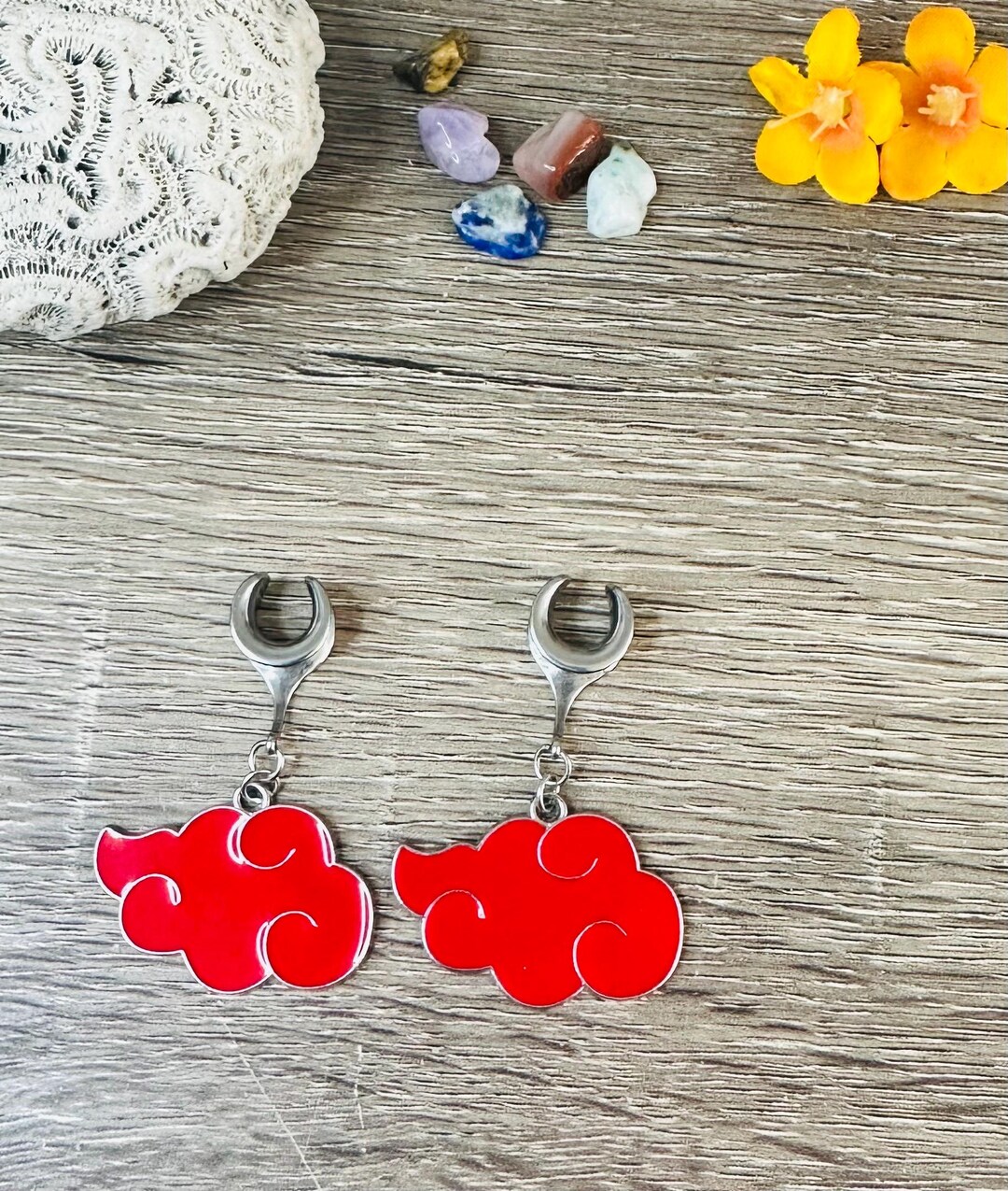 2g 6mm 1' 25mm Silver Anime Akatsuki Red Cloud Emblem Dangle Earrings ...