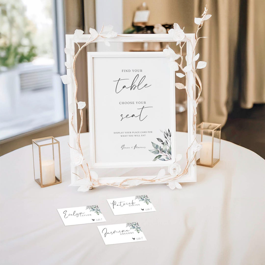 Eucalytpus Greenery Find Your Table Sign & Menu Choice Place Card ...