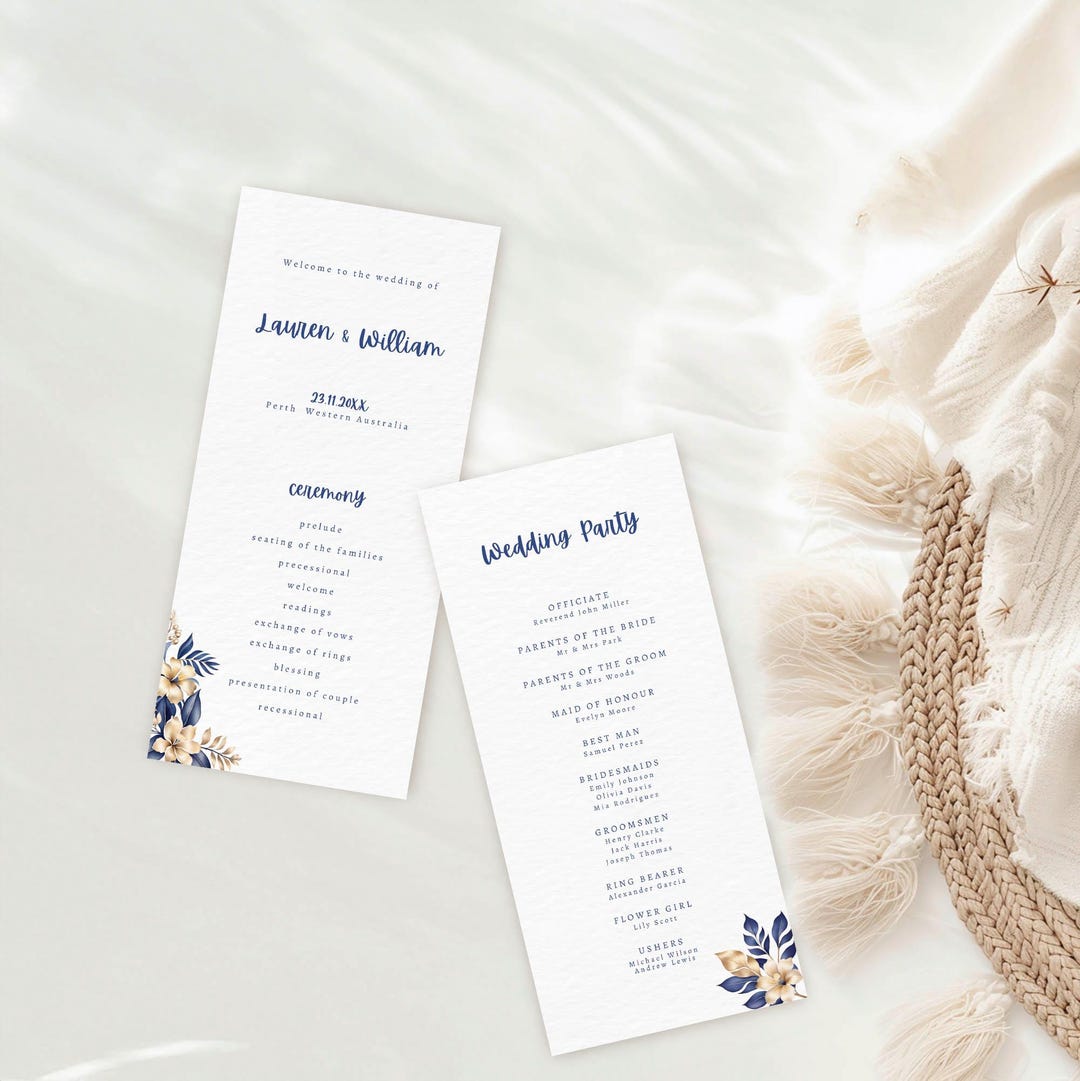 Navy & Gold Tropical Order of Ceremony INSTANT DOWNLOAD Editable ...
