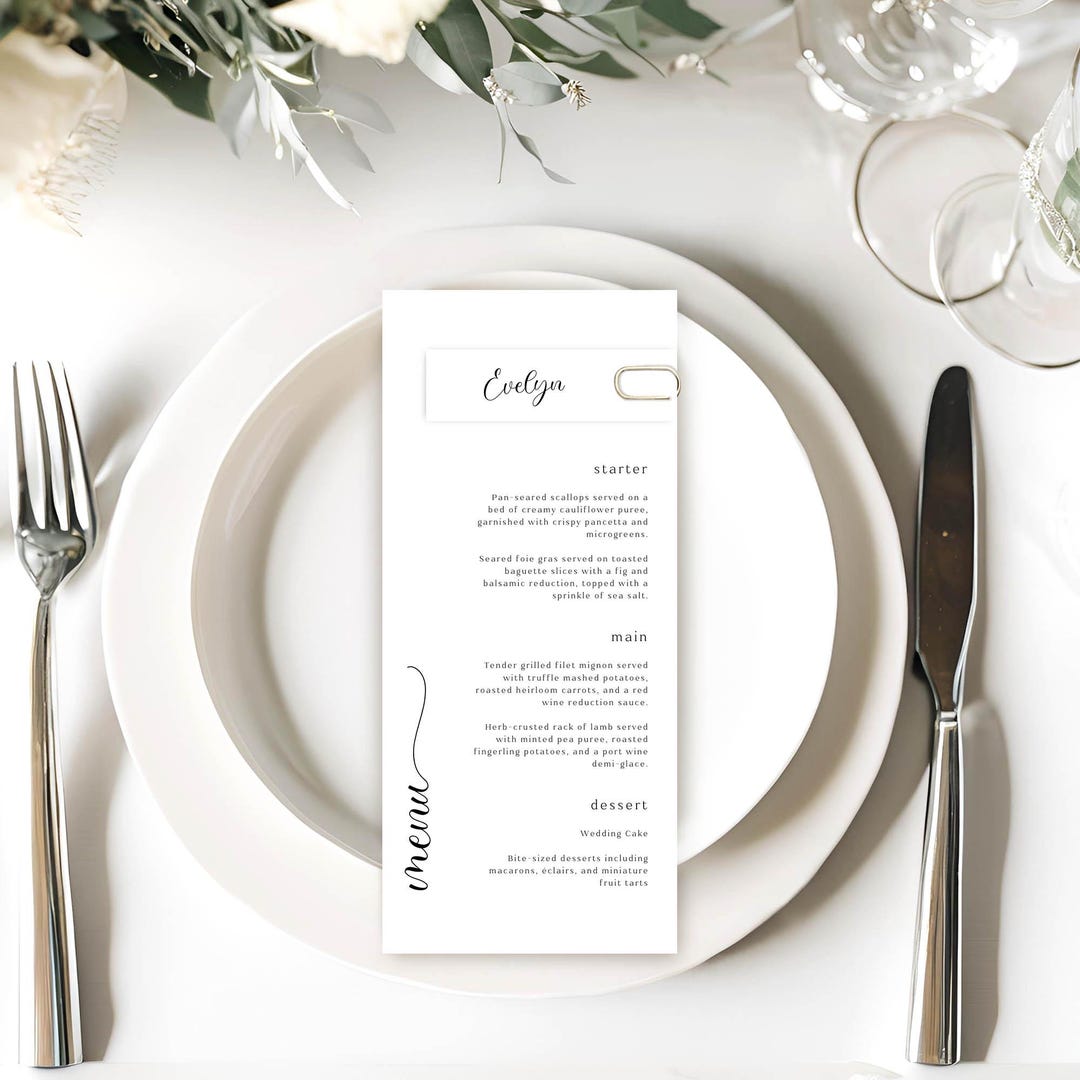 Minimalist Wedding Menu & Slim Place Card Bundle INSTANT DOWNLOAD ...