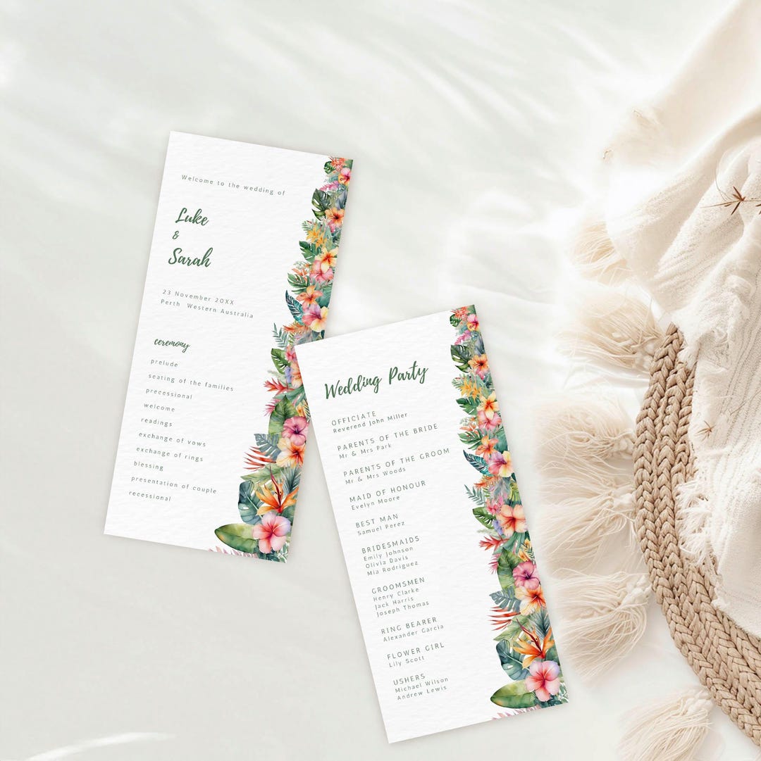 Tropical Order of Ceremony INSTANT DOWNLOAD Editable Template Hawaiian ...