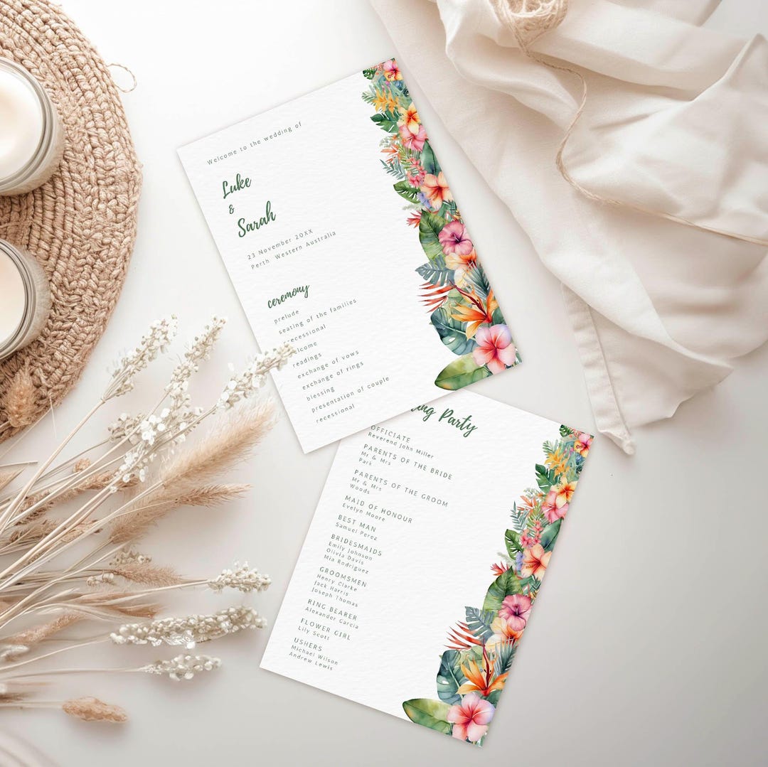 Tropical Order of Ceremony INSTANT DOWNLOAD Editable Template Hawaiian ...