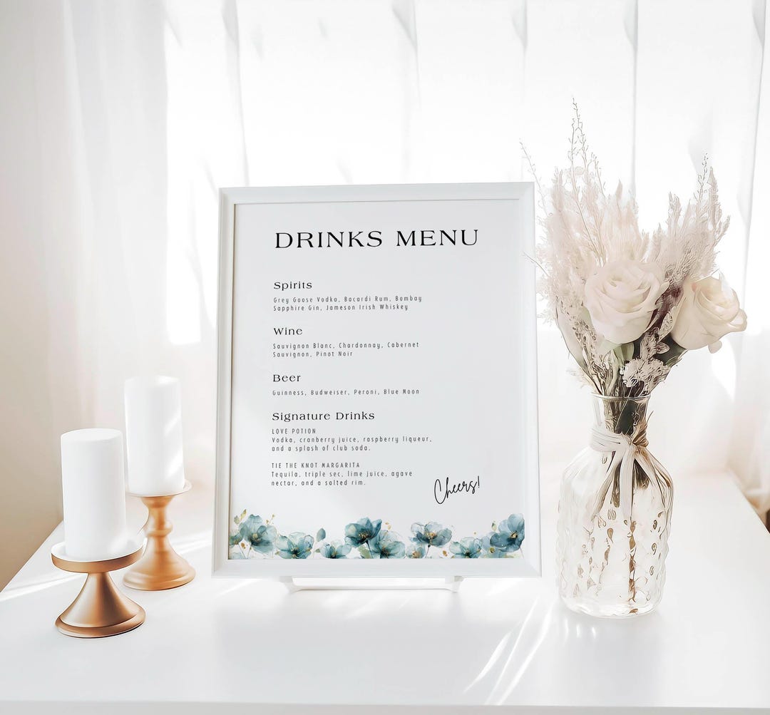 Blue Floral Bar Menu Sign INSTANT DOWNLOAD Editable Template Table Sign ...
