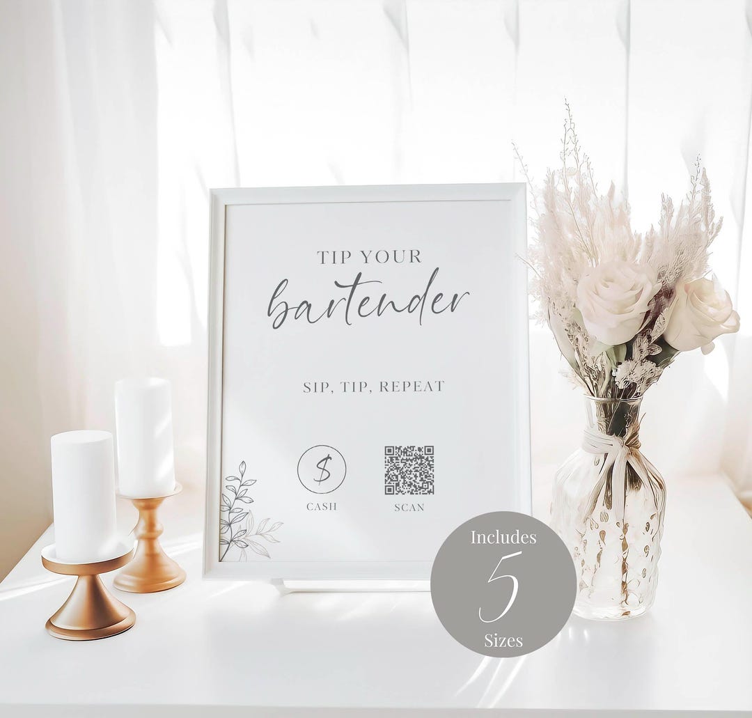 Minimalist Modern Tip Your Bartender Sign Template, QR Code Wedding Bar ...