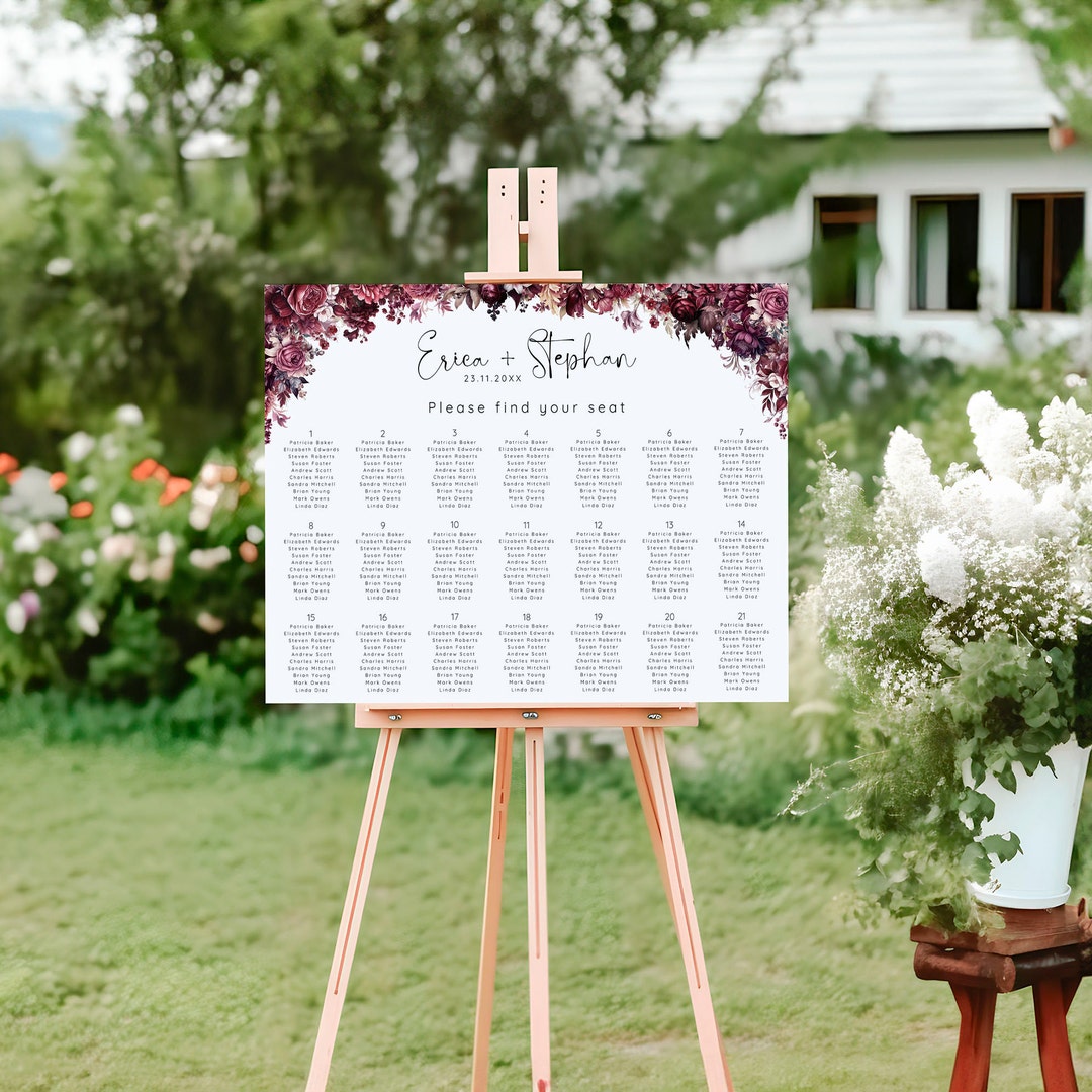 Burgundy Floral Wedding Seating Chart Landscape 4 Sizes, 4 Variations ...