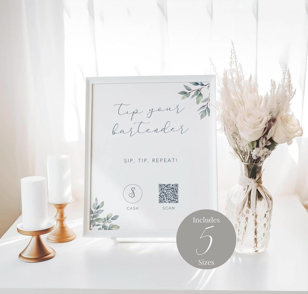 Eucalyptus Greenery Tip Your Bartender Sign Template, QR Code Wedding ...