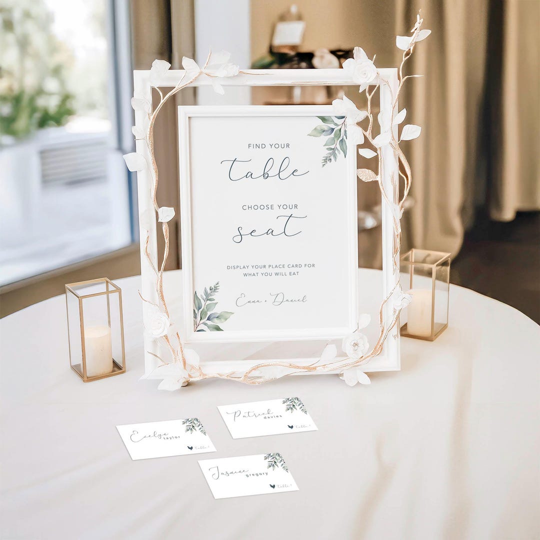 Modern Greenery Find Your Table Sign & Menu Choice Place Card Bundle ...