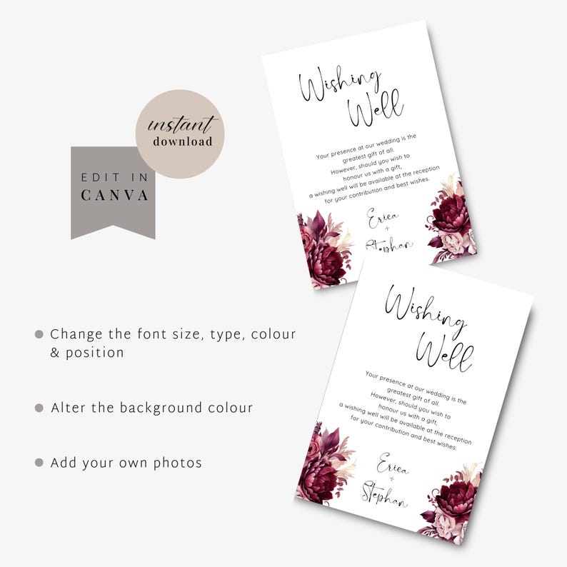 Burgundy Floral Wedding Details Card INSTANT DOWNLOAD Editable Template ...