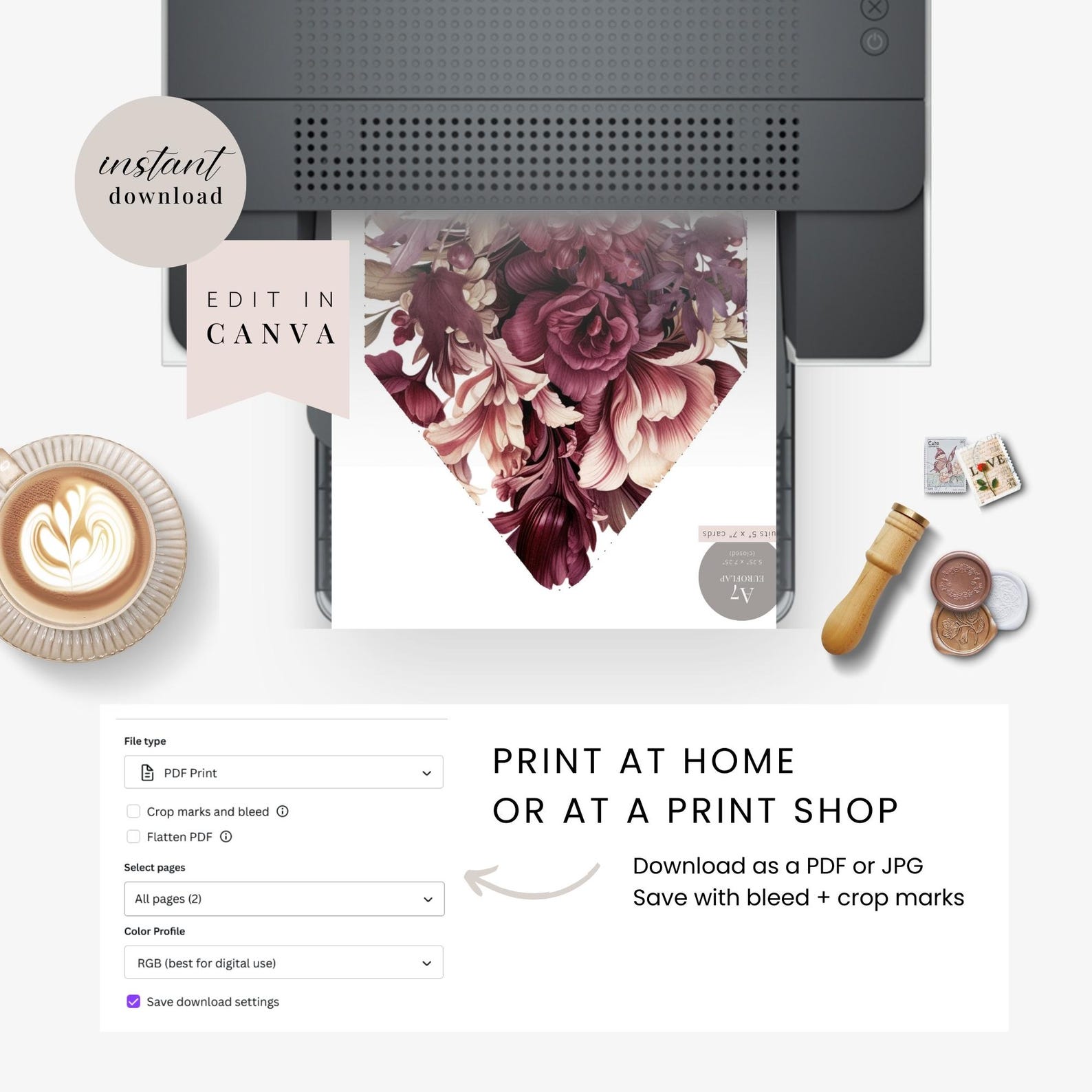 Burgundy Floral Envelope Liner Template INSTANT DOWNLOAD Monogram ...