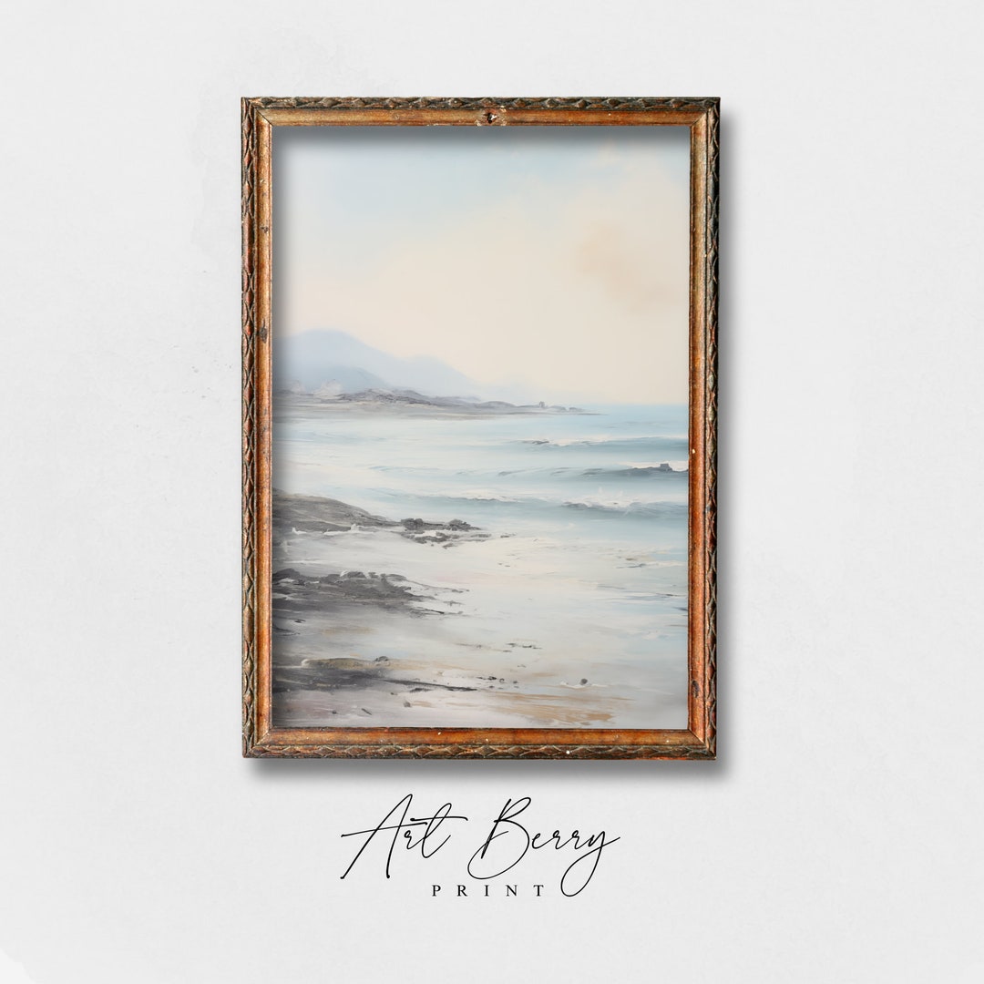 Vintage Painting Coastal Seaside, Calm Seashore,calm Ocean Waves ...