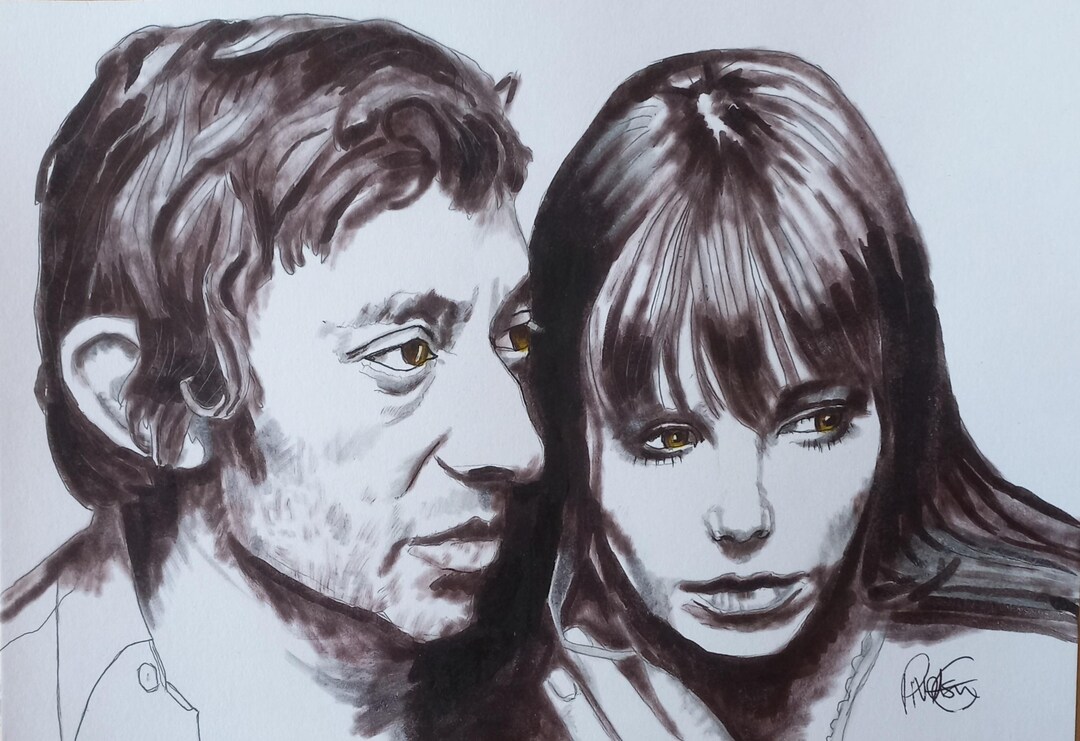 Serge Gainsbourg and Jane Birkin Original Pencil Drawing Portrait Fine ...