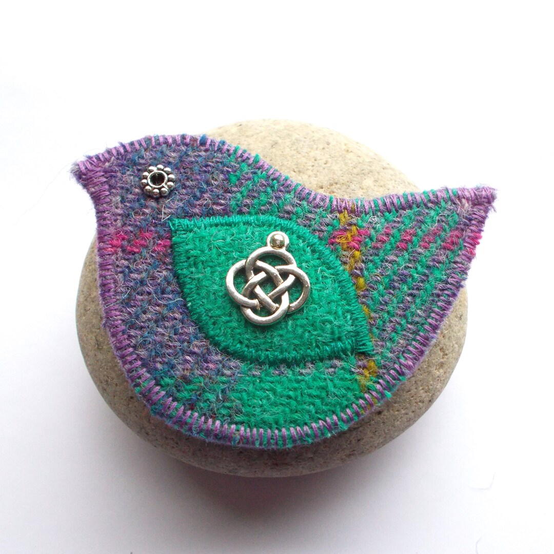 Bird Brooch With Celtic Knot Motif. Teal and Lilac Plaid Tartan Harris ...