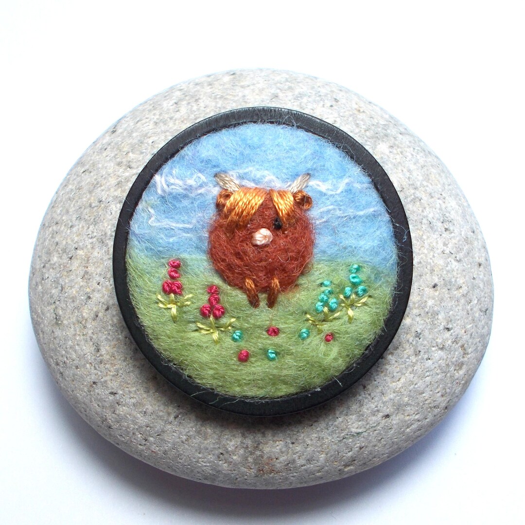 Needle Felted Highland Cow Brooch With Red and Duck Egg Blue Flowers ...