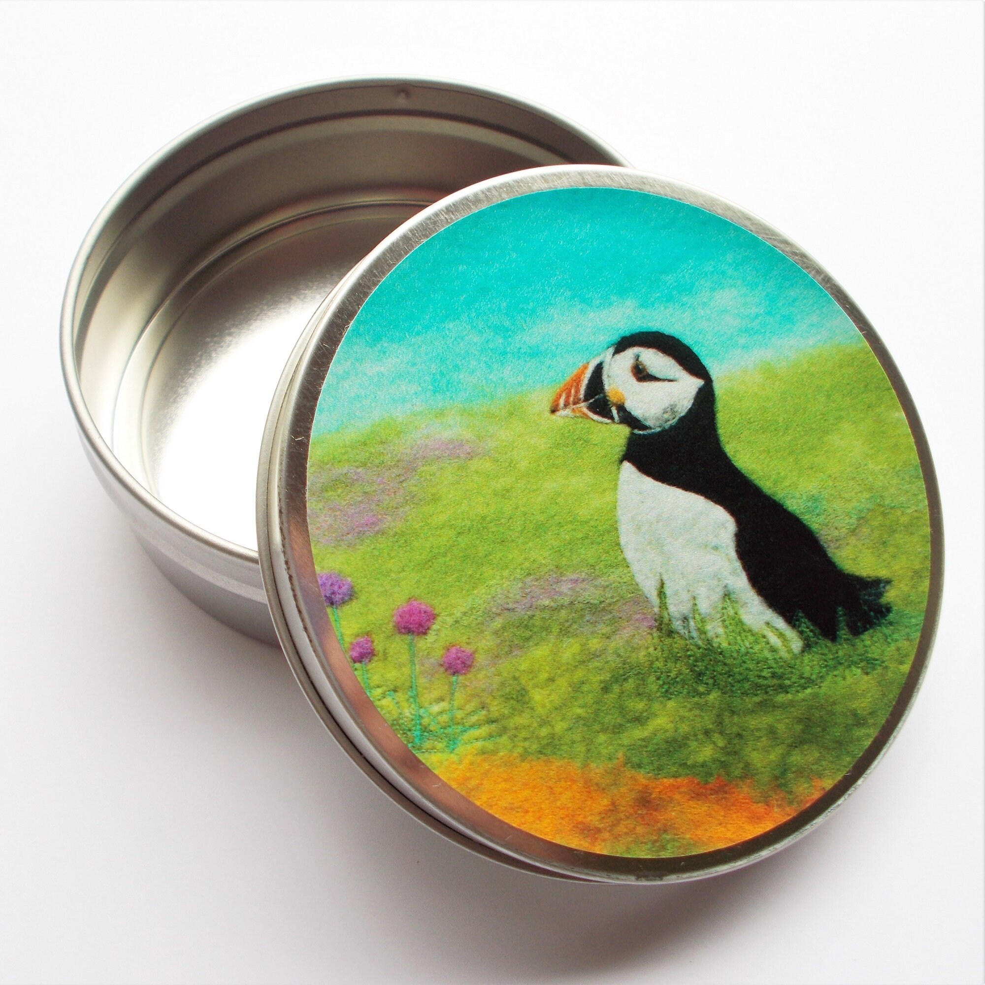 Puffin Tin Small Round Storage Box With Vinyl Print Lid. - Etsy UK