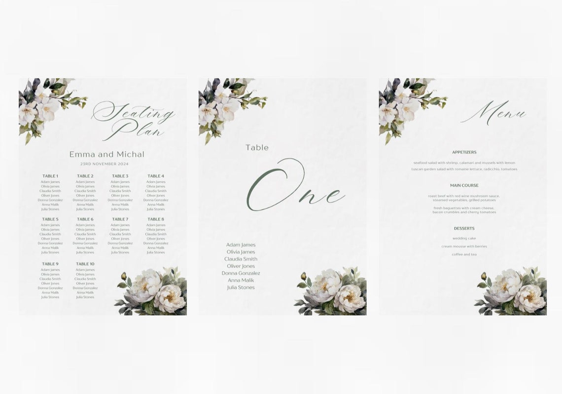 Wedding Bundle: Seating Plan, Table Card, Menu Printable Instant ...