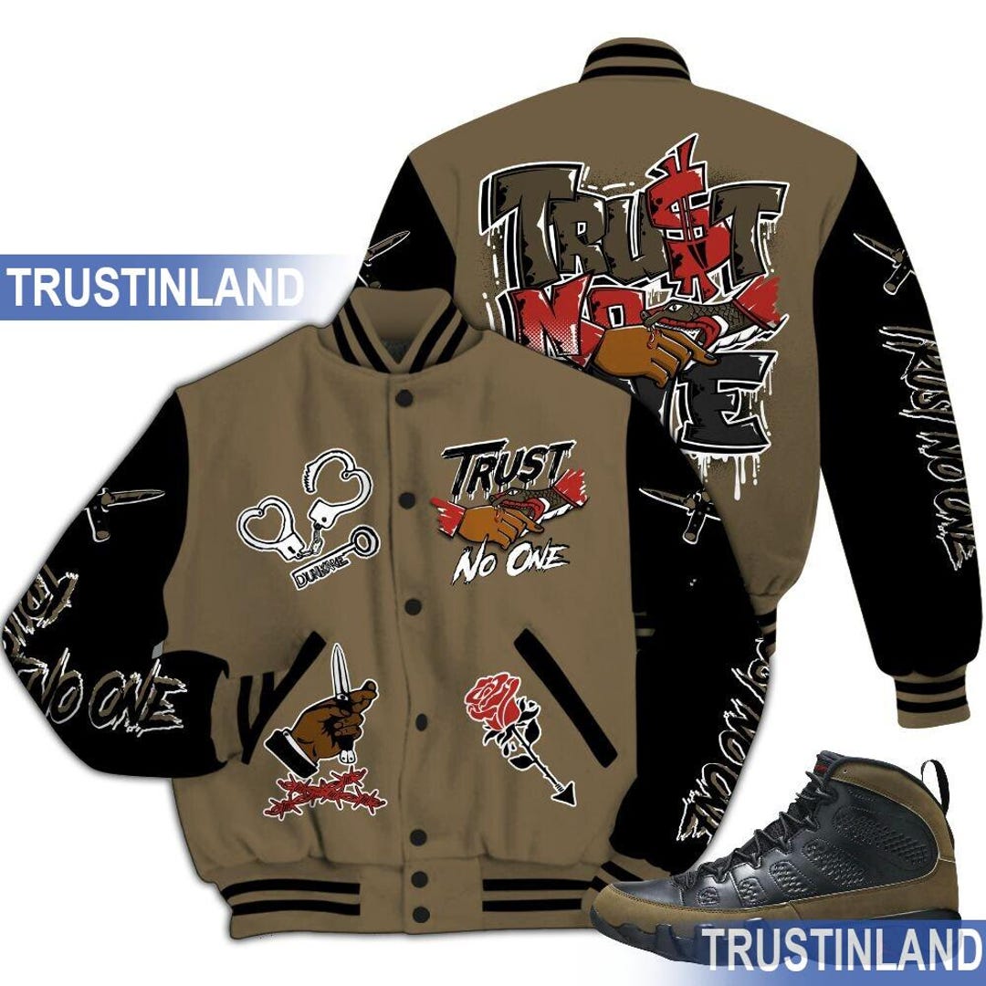 Olive 9s Varsity Jacket, Trust No One Dripping All Over Print Letterman ...