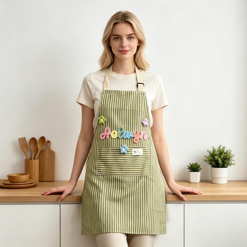 Custom Hand-embroidered Cooking Apron With Pocket,personalized Kitchen ...