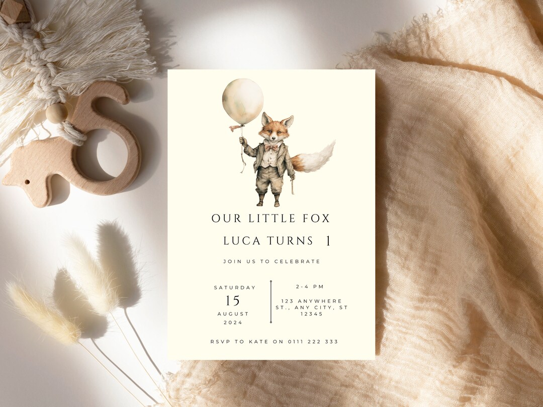 Editable Fox Birthday Invitation Woodland Party Theme First Birthday ...