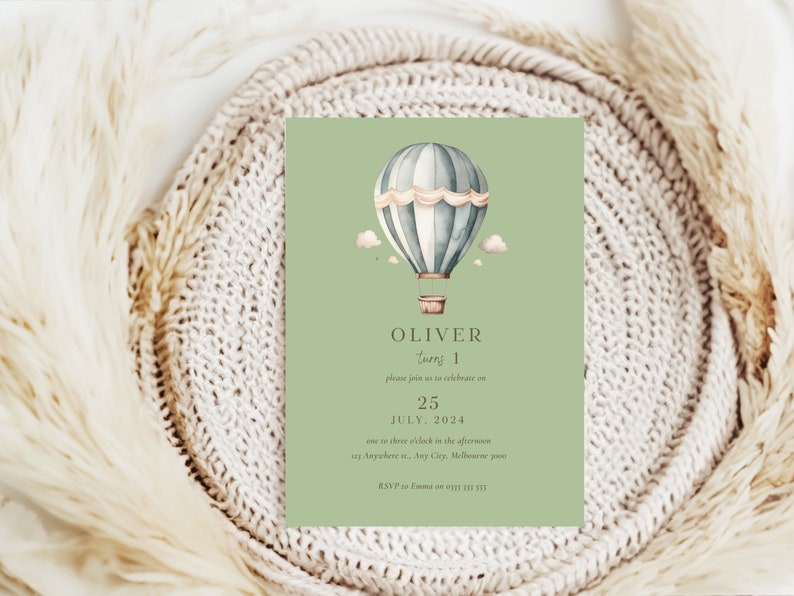 Editable Hot Air Balloon Birthday Invite Blue and Green Digital ...