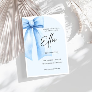 Editable Bow Birthday Invite Blue Watercolor Ribbon Invitation Coquette ...