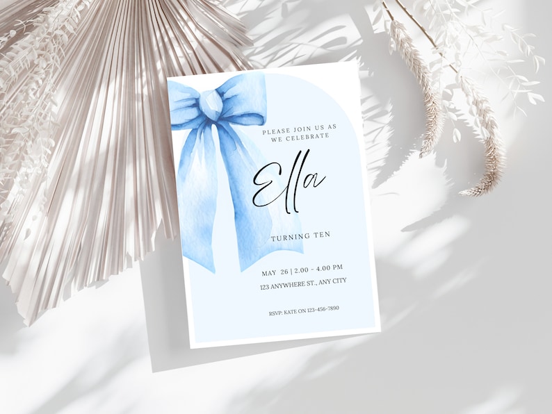 Editable Bow Birthday Invite Blue Watercolor Ribbon Invitation Coquette ...
