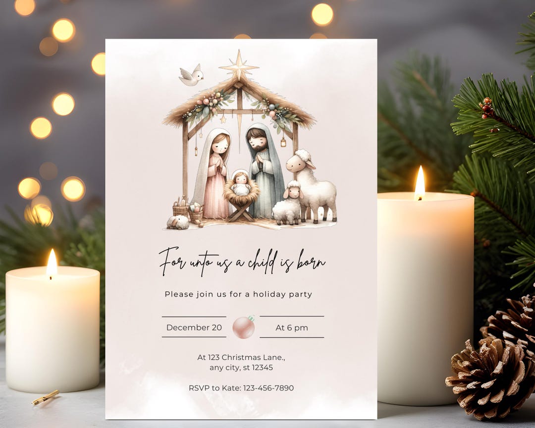 Editable Christian Nativity Holiday Party Invitation Watercolor X'mas ...