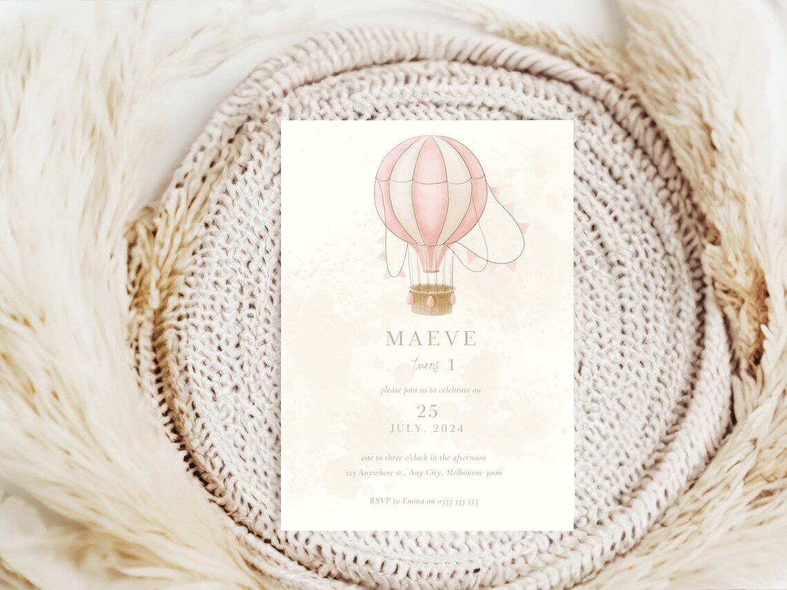 Editable Pink Hot Air Balloon Birthday Invite - Etsy