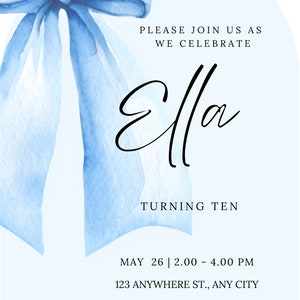 Editable Bow Birthday Invite Blue Watercolor Ribbon Invitation Coquette ...