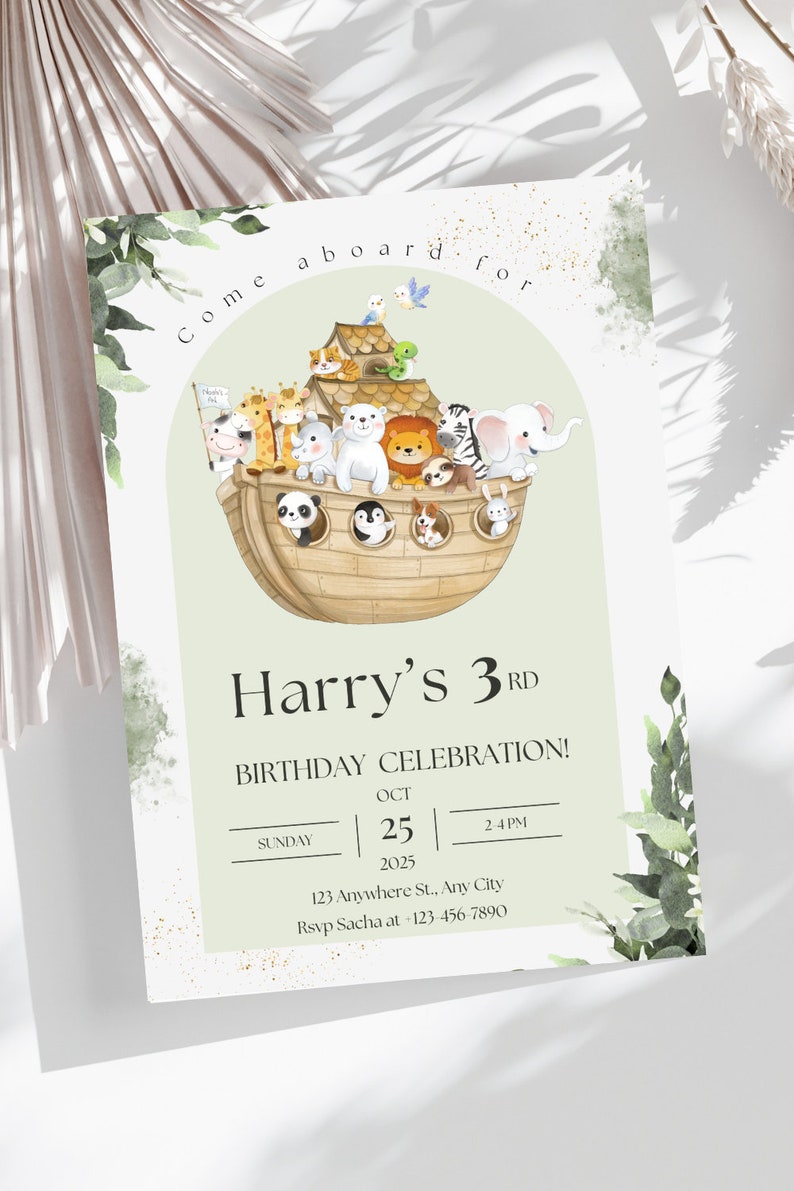 Editable Noah's Ark Birthday Invitation Animal Birthday Theme Party Boy ...