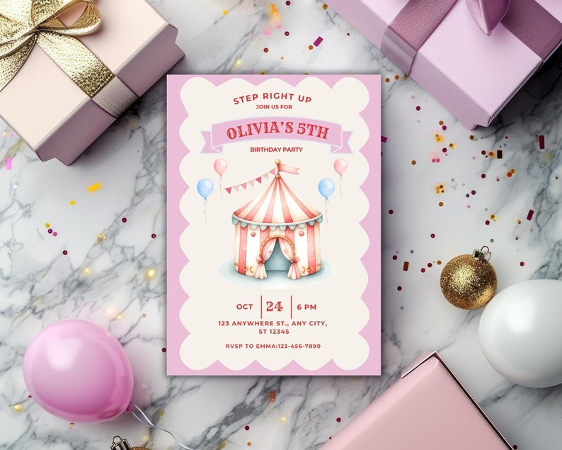 Editable Pastel Carnival Birthday Invite Big Top Tent Invitation Fun ...