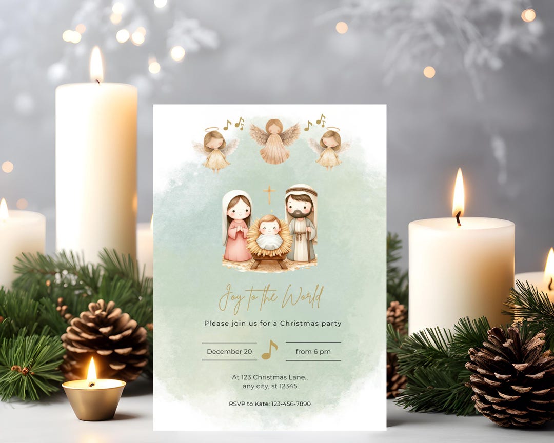 Editable Joy to the World Christmas Party Invite Watercolor Nativity ...