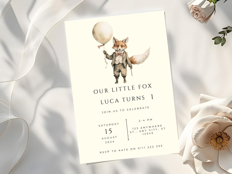 Editable Fox Birthday Invitation Woodland Party Theme First Birthday ...