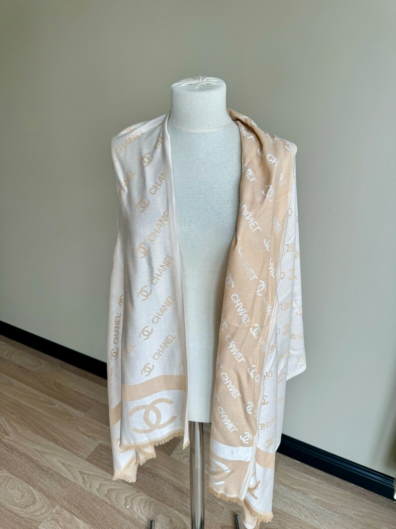 Vintage Chanel Monogram Silk Scarf , Chanel Silk Muffler, Vintage Beige Scarf, Chanel Foulard ...