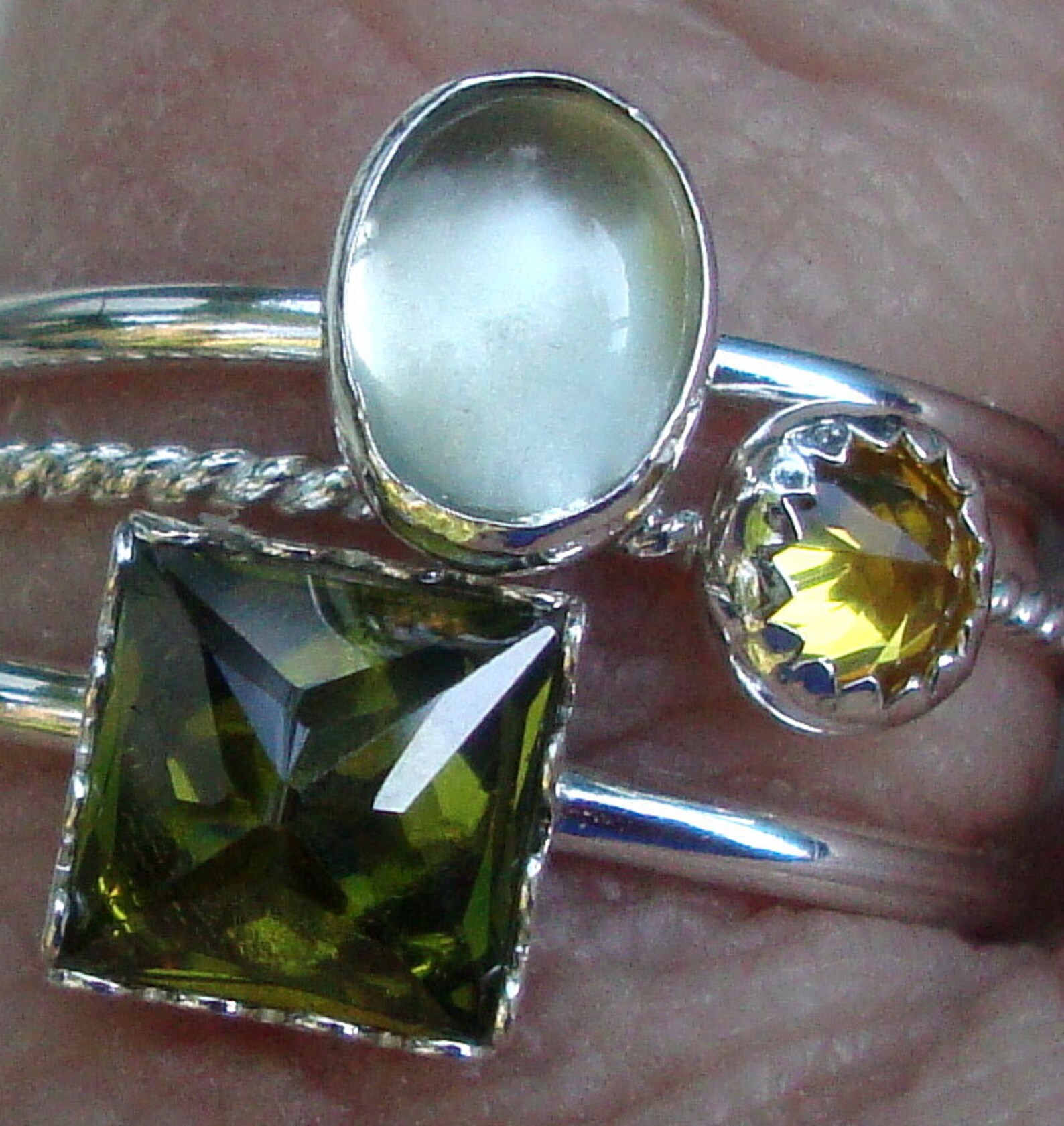 3 Ring Stack Green Eyes Green Moonstone Olivine Man Made | Etsy